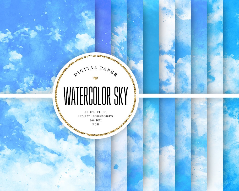Watercolor Sky Digital Paper, Aquarelle Clouds Backgrounds, Abstract ...