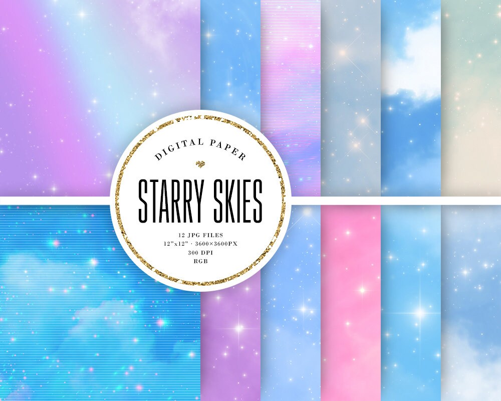 Starry Skies Digital Paper, Simple Blue Sky Scrapbook Paper 12x12 ...