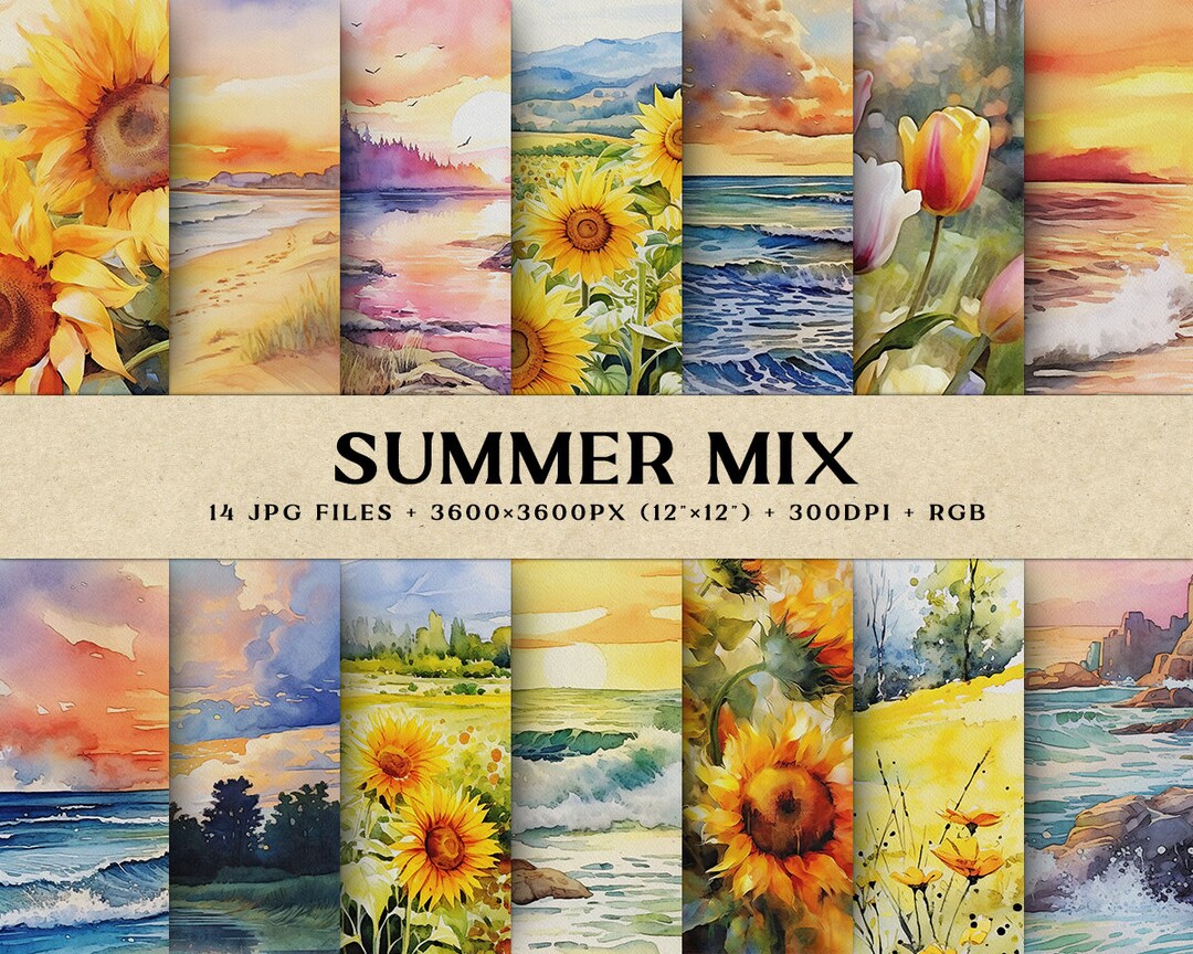 Summer Mix Digital Paper, Watercolor Scrapbooking Backgrounds ...