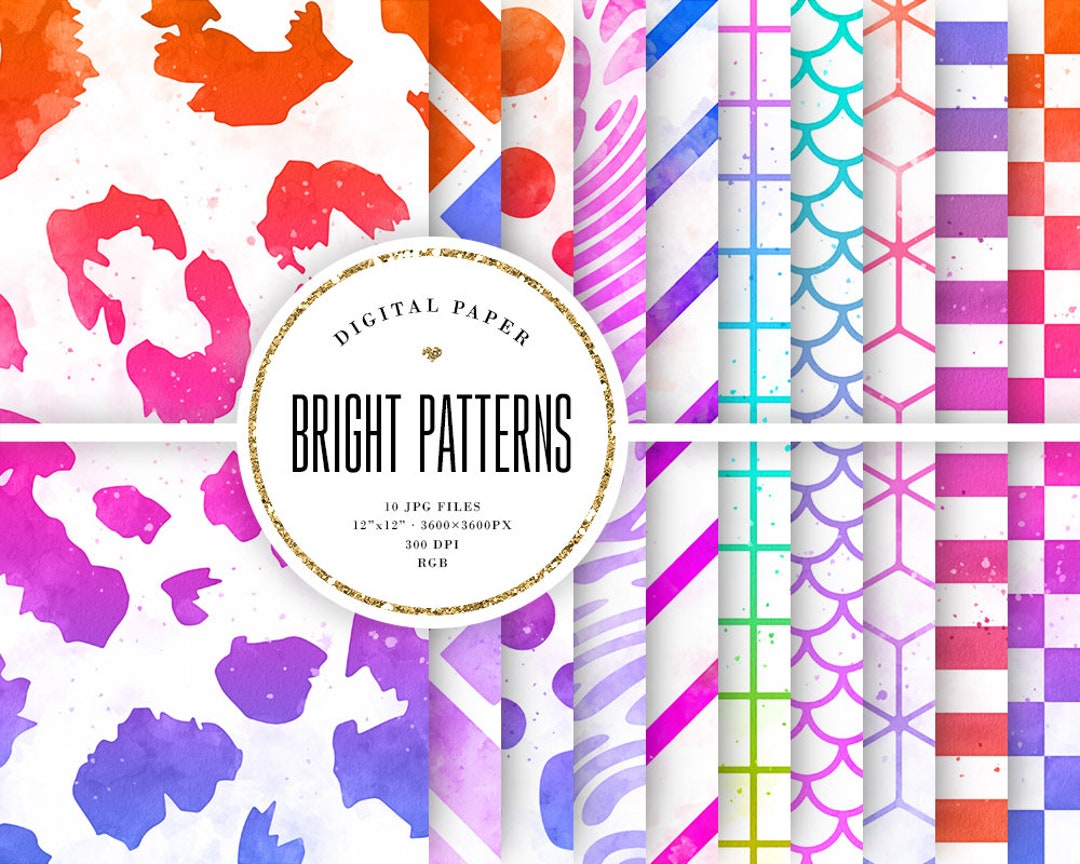 Bright Patterns on White Background, Watercolor Geometric Digital Paper ...