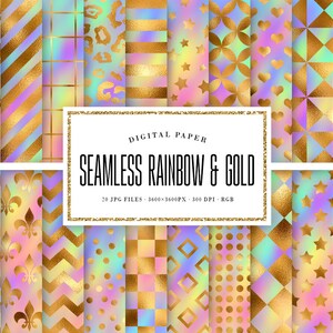 Rainbow & Gold Digital Paper, Seamless Colorful Geometric Patterns ...