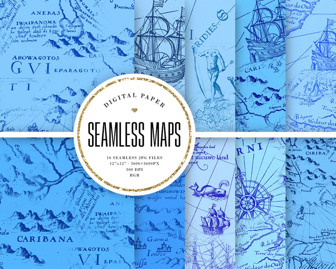 Blue Vintage Maps Seamless Digital Paper, Nautical Tileable Patterns ...