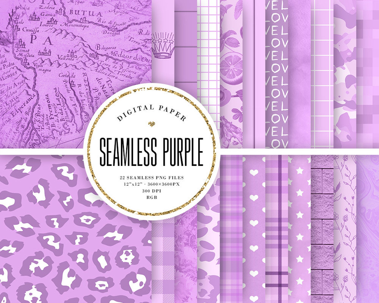 Purple Seamless Patterns, Pastel Violet Tileable Digital Paper ...