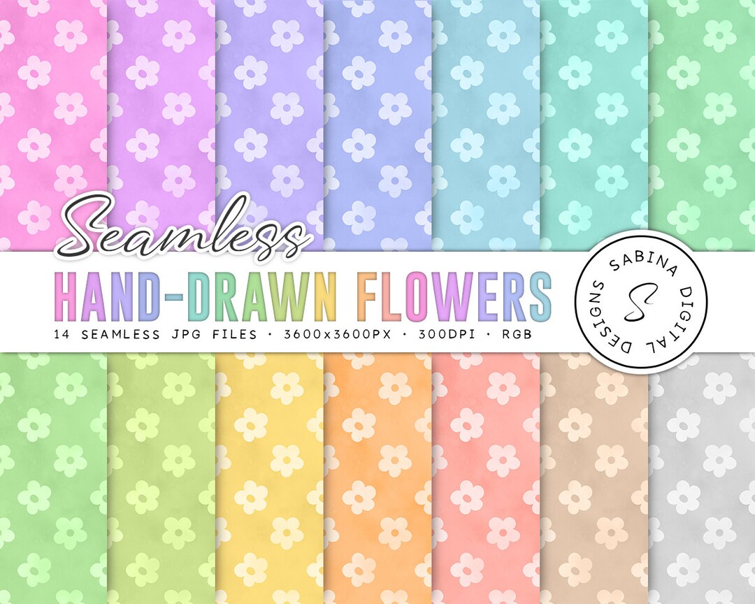 Hand-drawn Flowers Digital Paper 12x12, Cute Floral Basic Patterns With ...