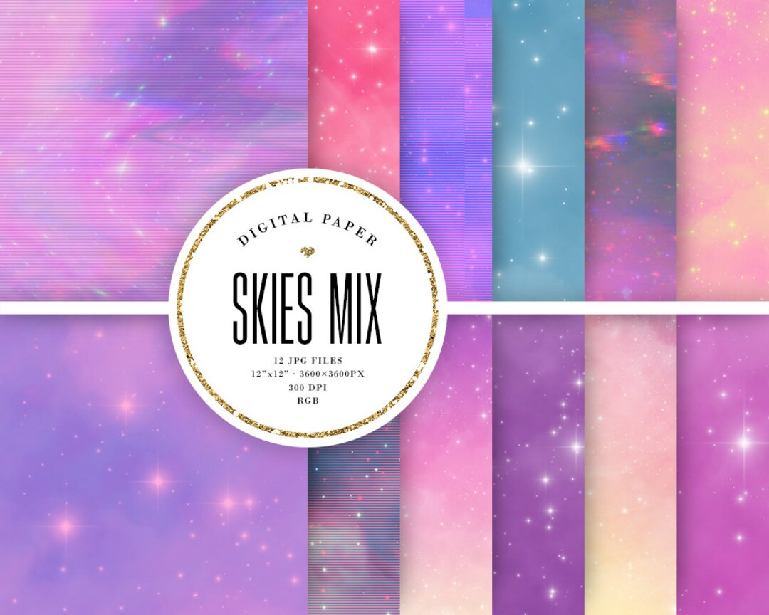 Sky Digital Paper, Starfield Ombre Backgrounds, Violet Stardust, Glitch ...