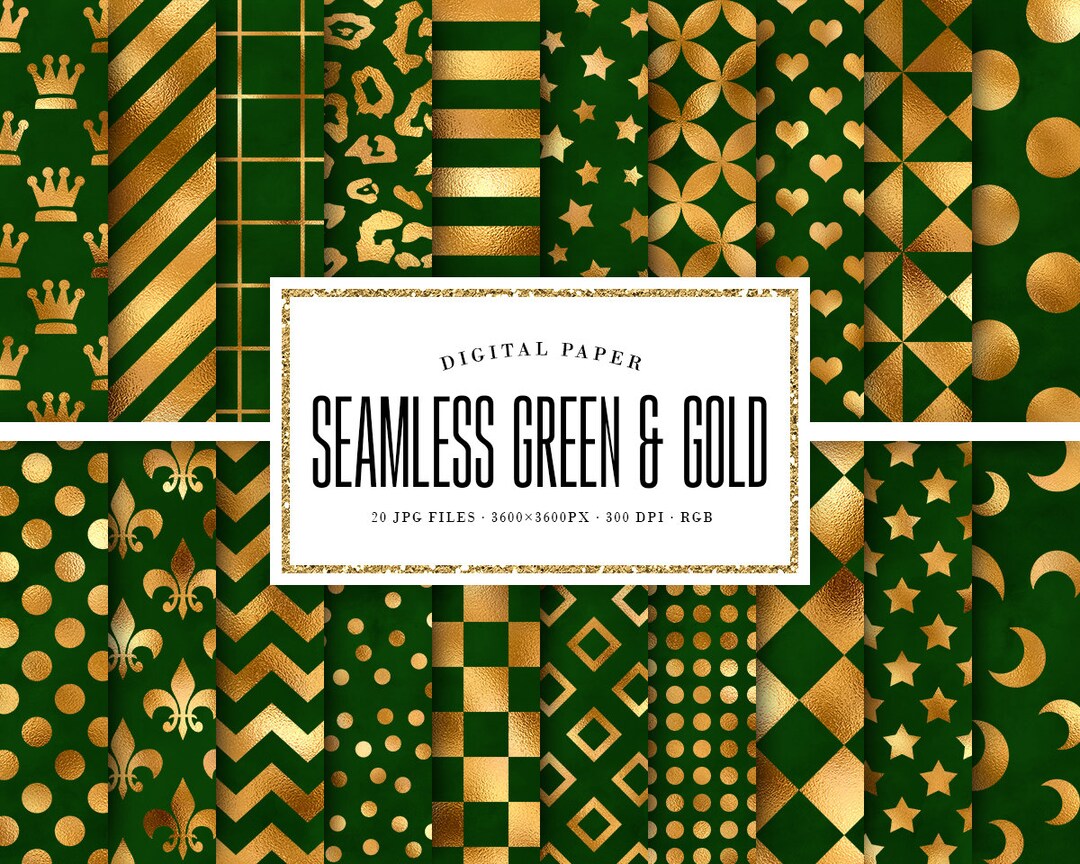 Green and Gold Digital Paper, Seamless Gold Foil Pattern Backgrounds ...
