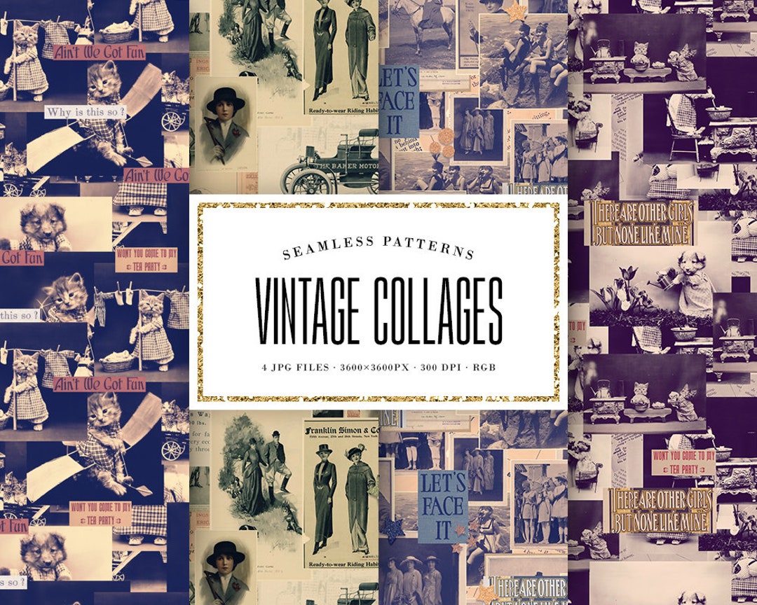 Vintage Collages Seamless Patterns, Old Photos & Illustrations Digital ...