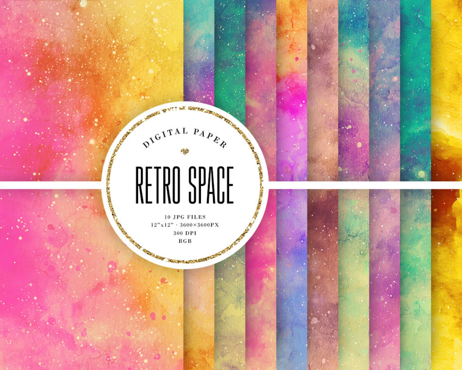 Retro Space Digital Paper, Watercolor Galaxy Backgrounds, Bright Starry ...