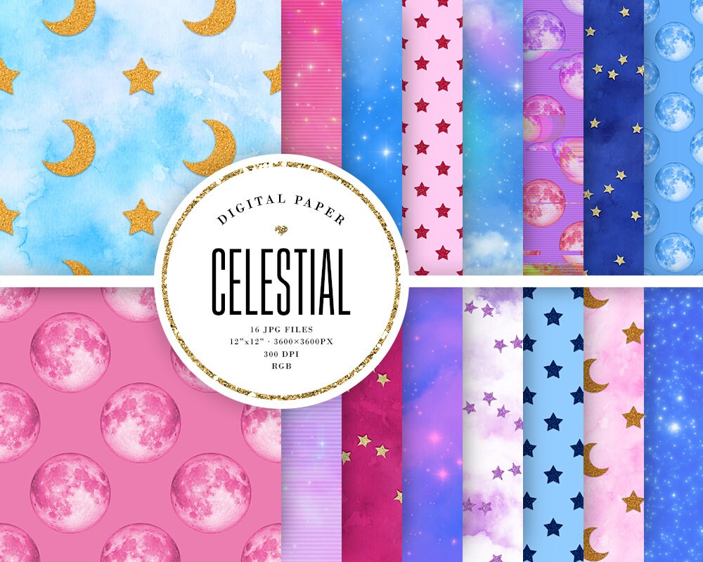 Celestial Digital Paper, 16 Commercial Use Backgrounds, Gold Glitter ...