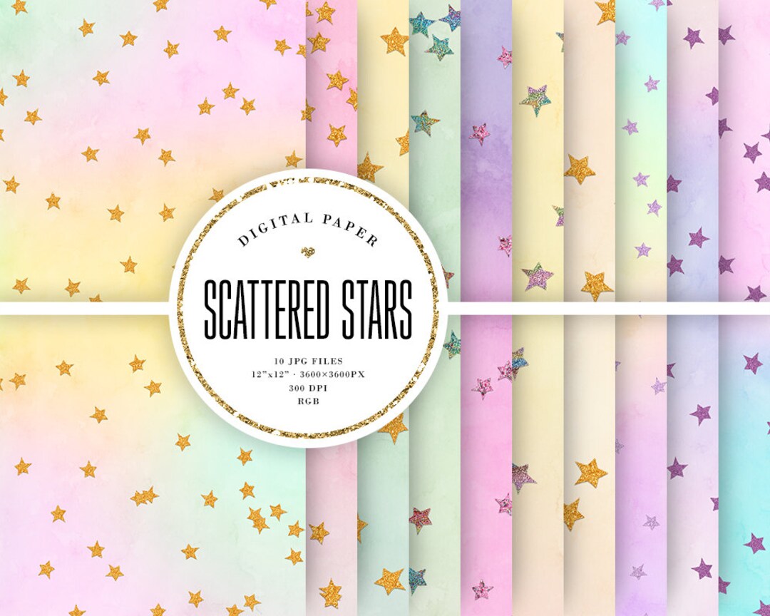 Scattered Stars Digital Paper, Pastel Watercolor Textures, Glitter ...