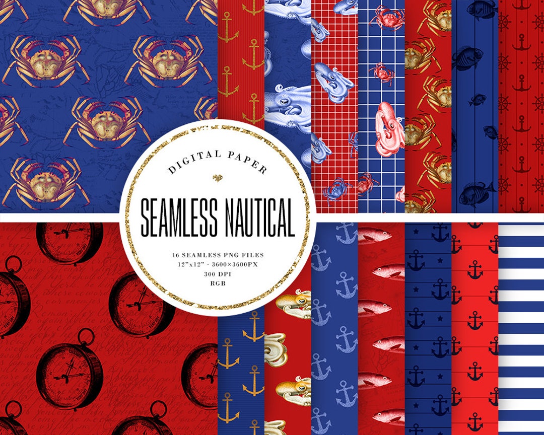 Navy Blue & Red Nautical Digital Paper, Anchor Seamless Patterns ...