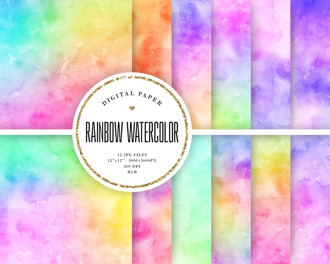 Rainbow Watercolor Digital Paper 12x12, Bright Ombre Backgrounds ...