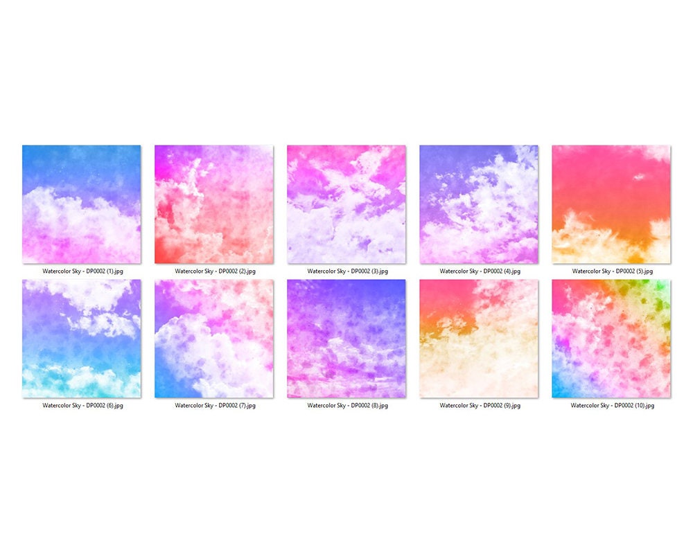 Watercolor Sky Digital Paper, Painted Skies Backgrounds, Clouds ...
