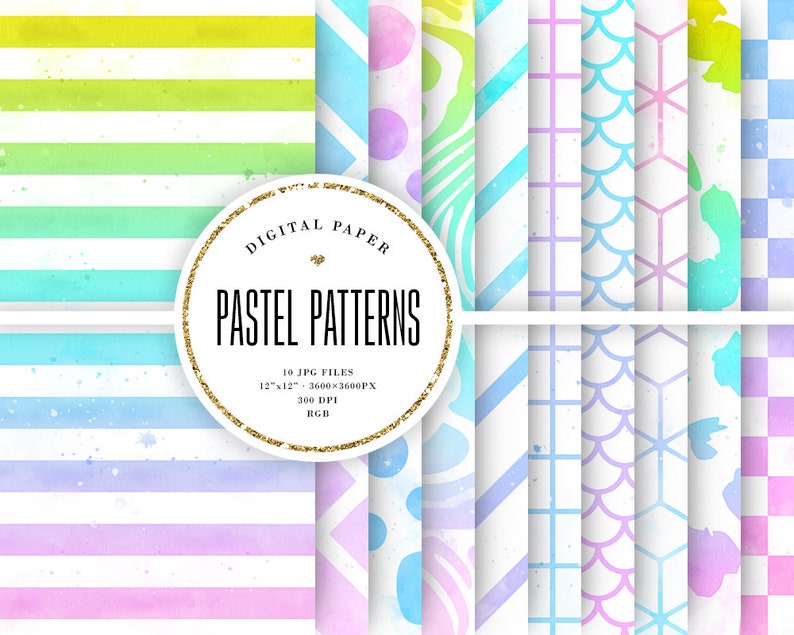 Pastel Digital Paper Watercolor Patterns Rainbow - Etsy