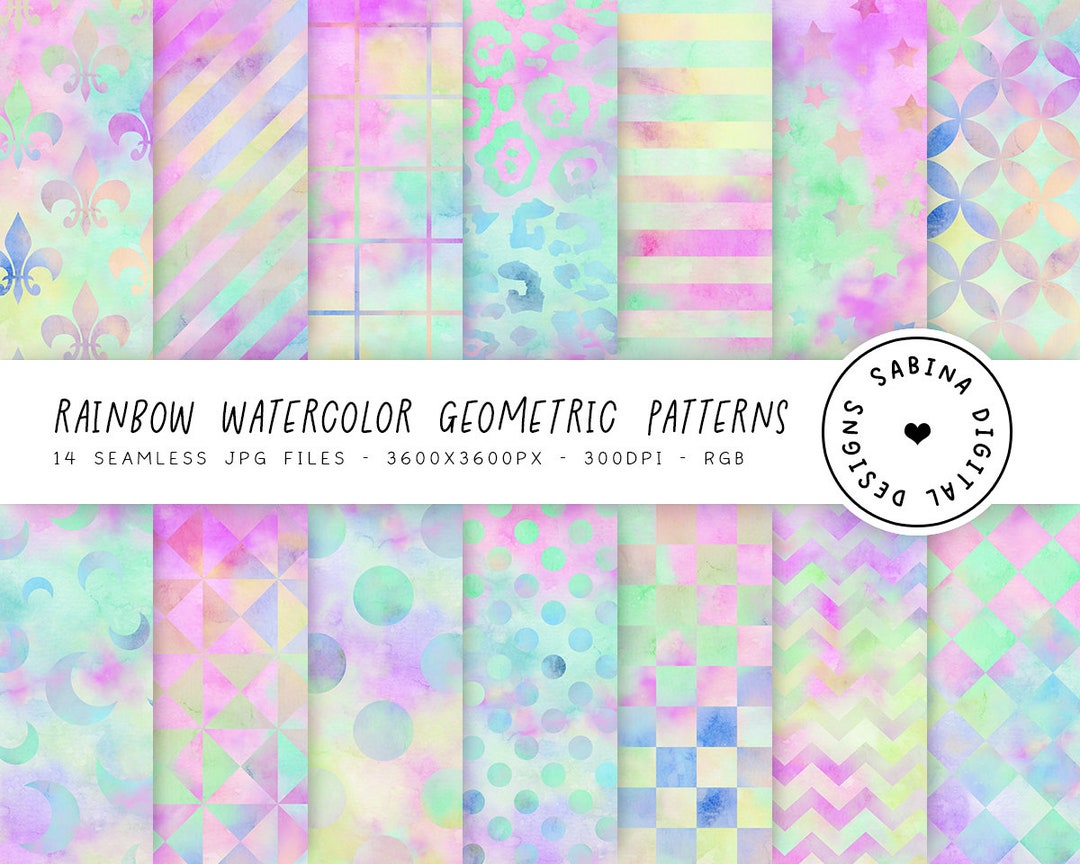 Rainbow Watercolor Digital Paper, Pastel Geometric Patterns, Light ...