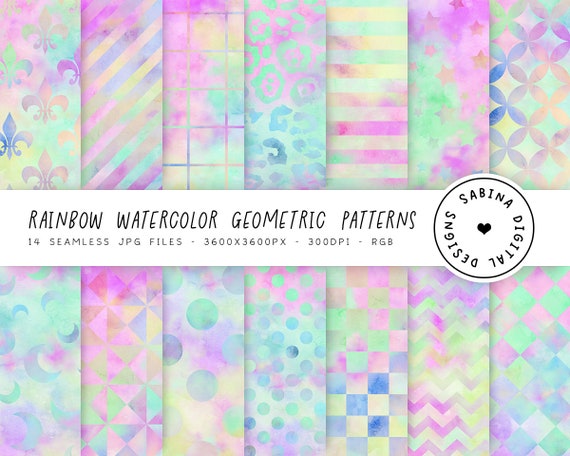Rainbow Watercolor Digital Paper Pastel Geometric Patterns - Etsy