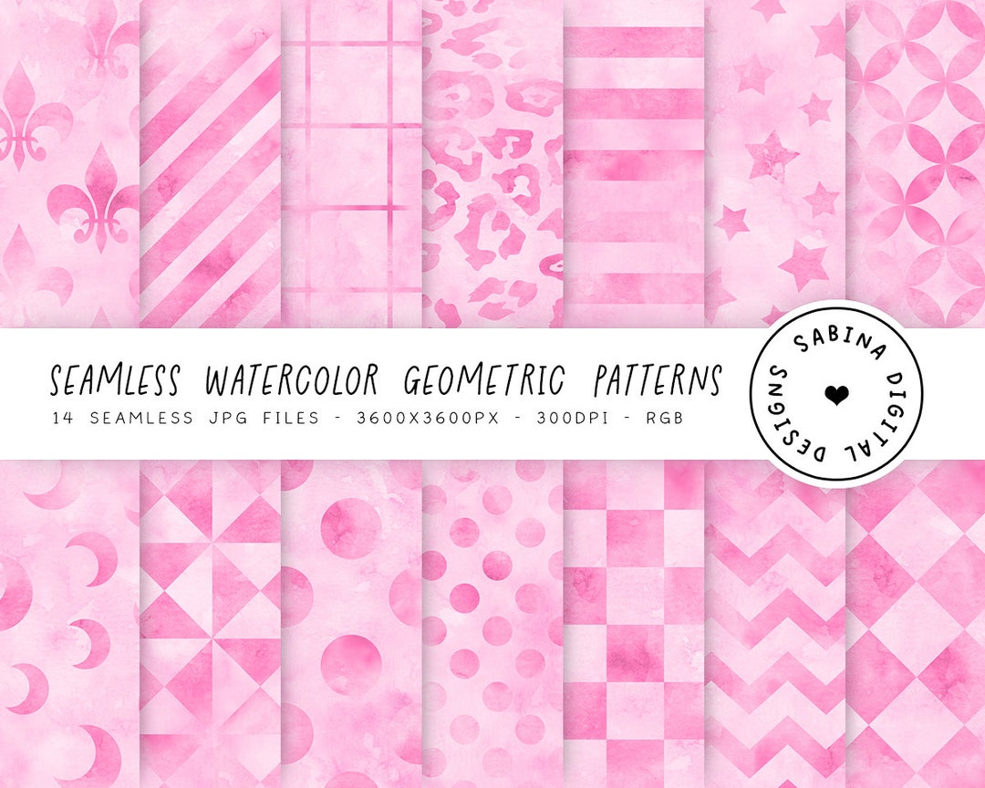 Pink Seamless Patterns, Pastel Watercolor Geometric Backgrounds, Pink ...