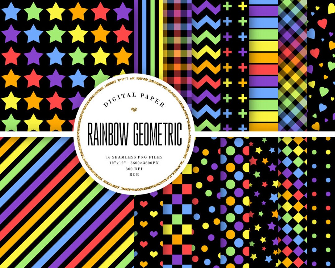Geometric Rainbow Digital Paper, Black Backgrounds, Seamless Confetti ...