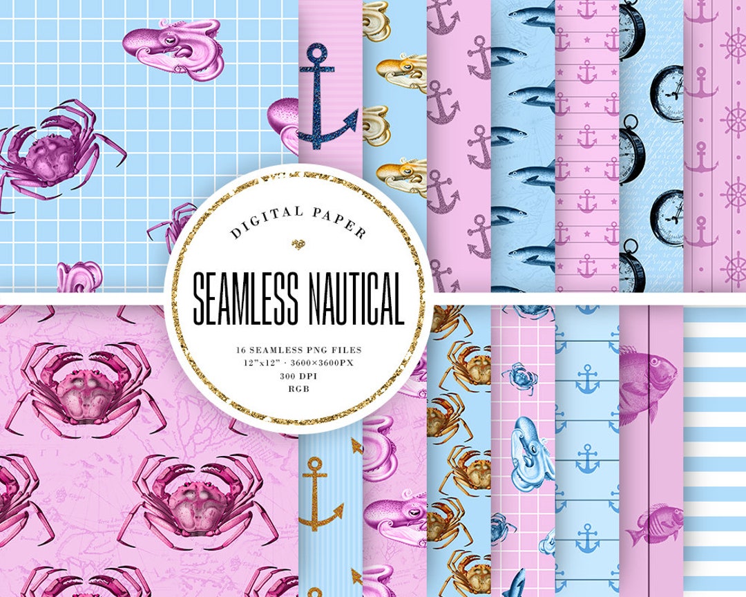 Nautical Seamless Patterns, Pastel Pink & Blue Marine Digital Paper ...