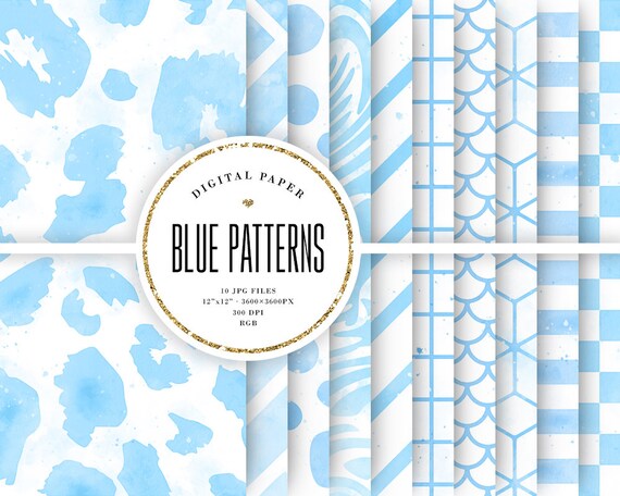 White & Blue Digital Paper Light Blue Watercolor Patterns | Etsy