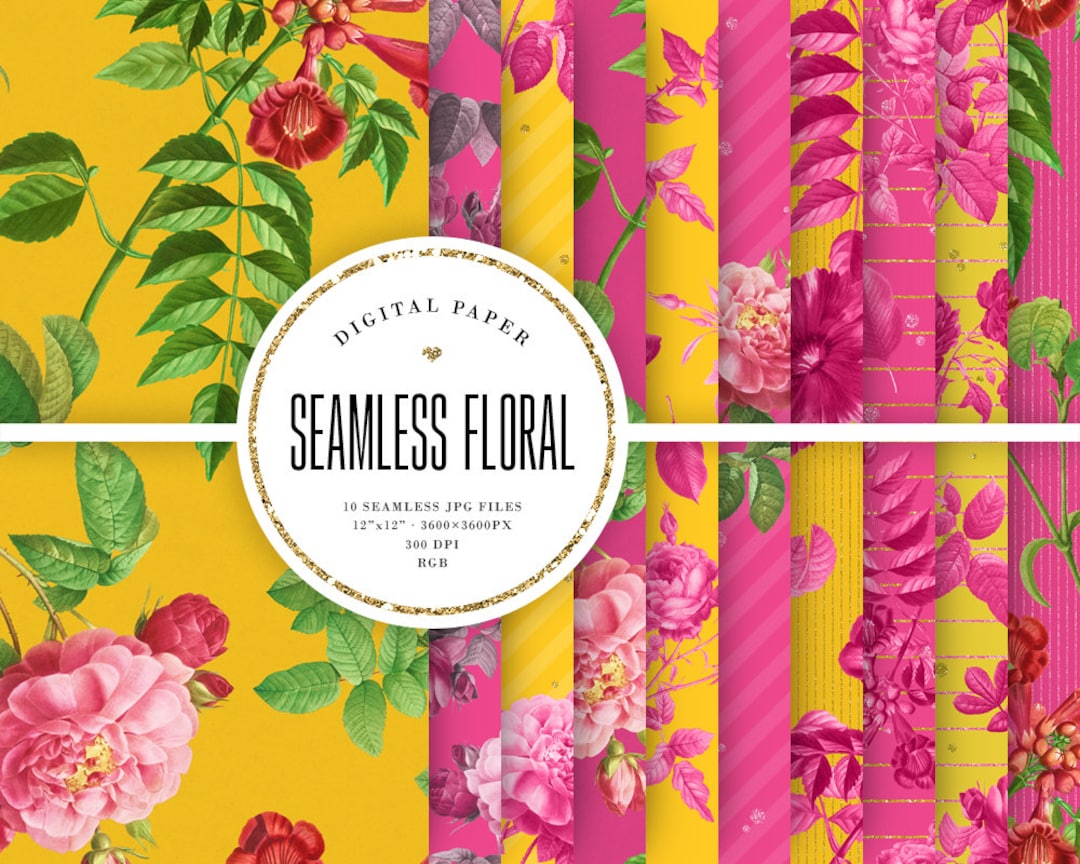 Bright Floral Digital Paper, Pink & Yellow Tileable Patterns, Vintage ...