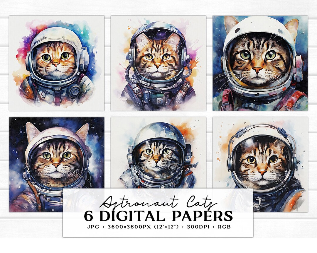 Watercolor Astronaut Cats Digital Paper, Cosmonaut Cats, 12x12 ...