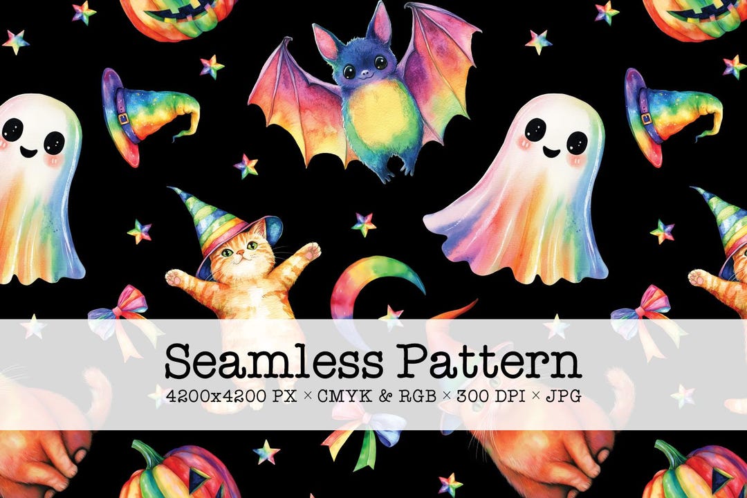 Rainbow Halloween Seamless Pattern, Cute & Spooky Watercolor Design ...