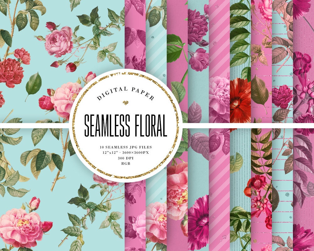 Seamless Floral Patterns, Vintage Flowers Digital Paper, Pink & Blue ...