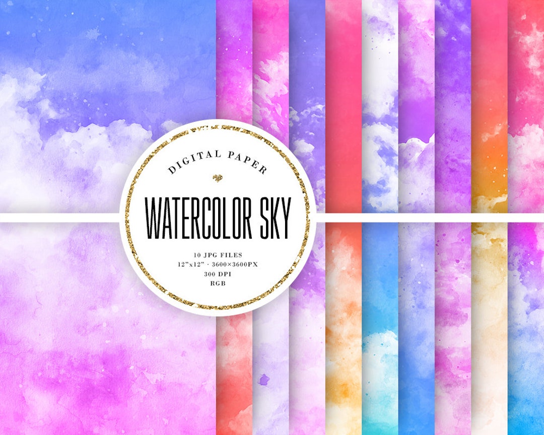 Watercolor Sky Digital Paper, Painted Skies Backgrounds, Clouds ...