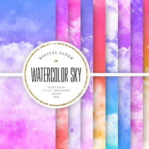 Watercolor Sky Digital Paper, Painted Skies Backgrounds, Clouds ...