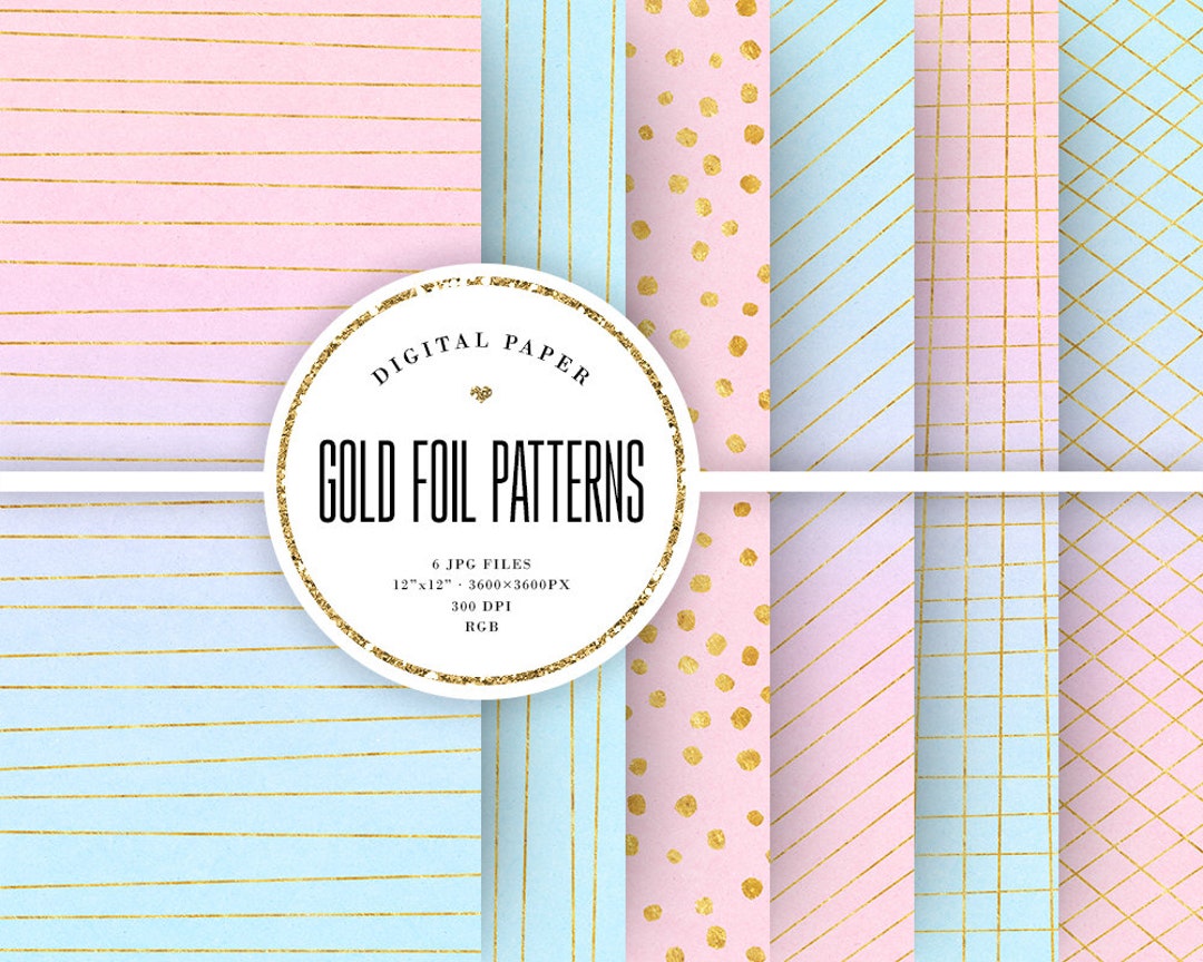 Pastel Ombre Digital Paper, Gold Hand-drawn Patterns, Pink & Blue ...
