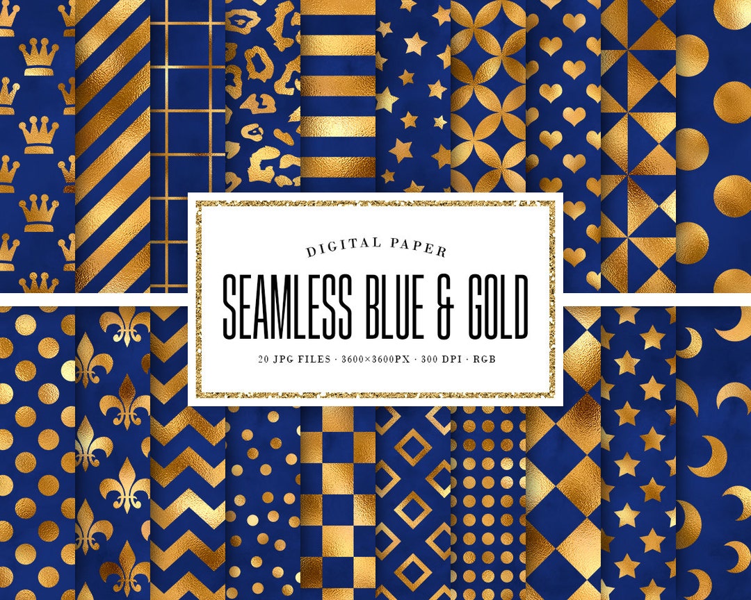 Royal Blue & Gold Foil Seamless Patterns, Elegant Digital Paper, Dark ...