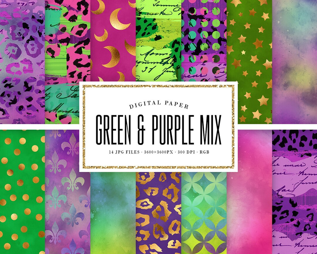 Green, Purple & Gold Mix Digital Paper, Mixed Media Background ...