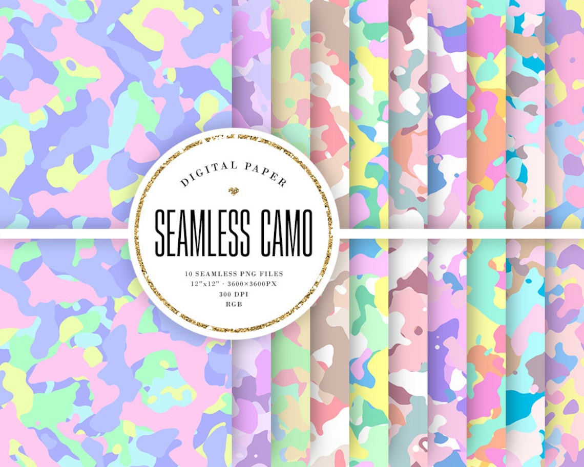 Pastel Camo Seamless Patterns, Girly Camouflage Tileable Digital Paper ...