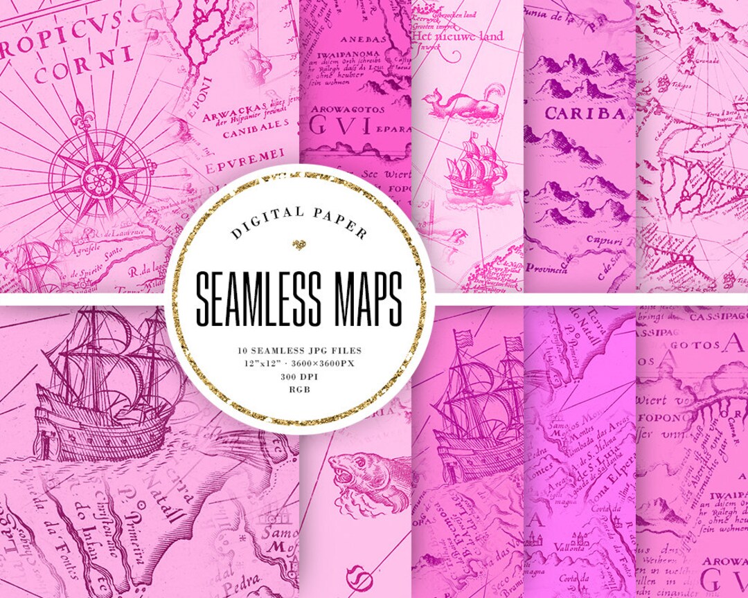 Pink Vintage Maps Seamless Digital Paper, Rose Nautical Tileable ...