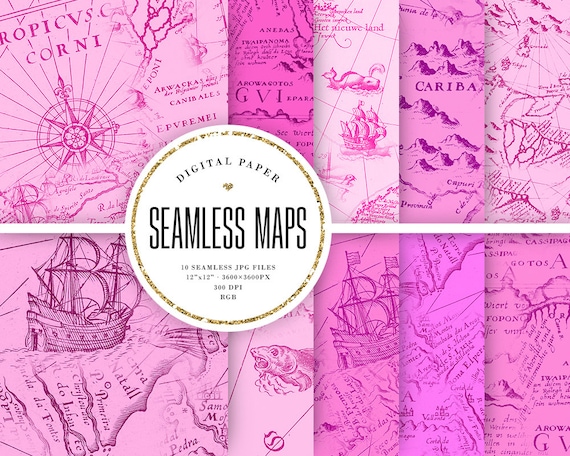 Pink Vintage Maps Seamless Digital Paper Rose Nautical | Etsy