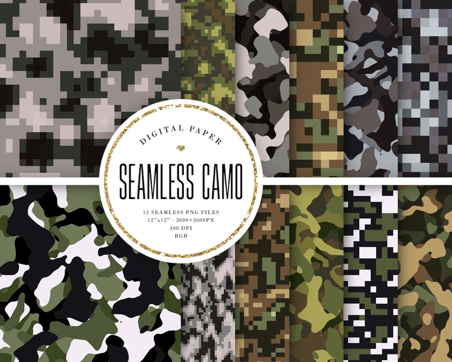Seamless Camo Digital Paper, Pixelated Camouflage Patterns, Military ...