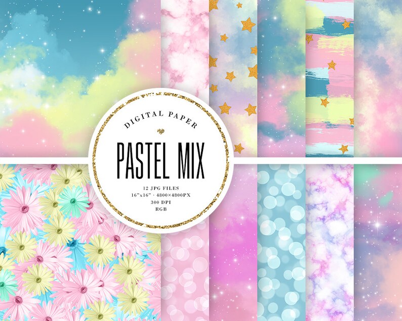 Abstract Pastel Backgrounds, Clouds & Stars Digital Paper, Pink Marble ...