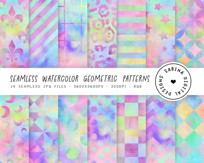 Rainbow Watercolor Seamless Digital Paper, Grungy Geometric Patterns ...