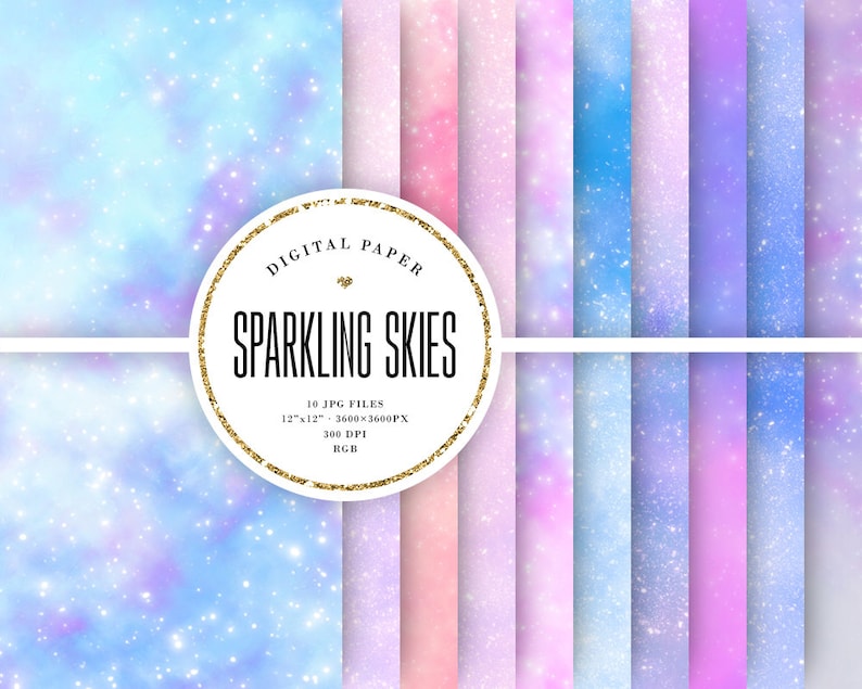 Sparkling Sky Digital Paper, Magical Sky Backgrounds, Clouds & Sparks ...