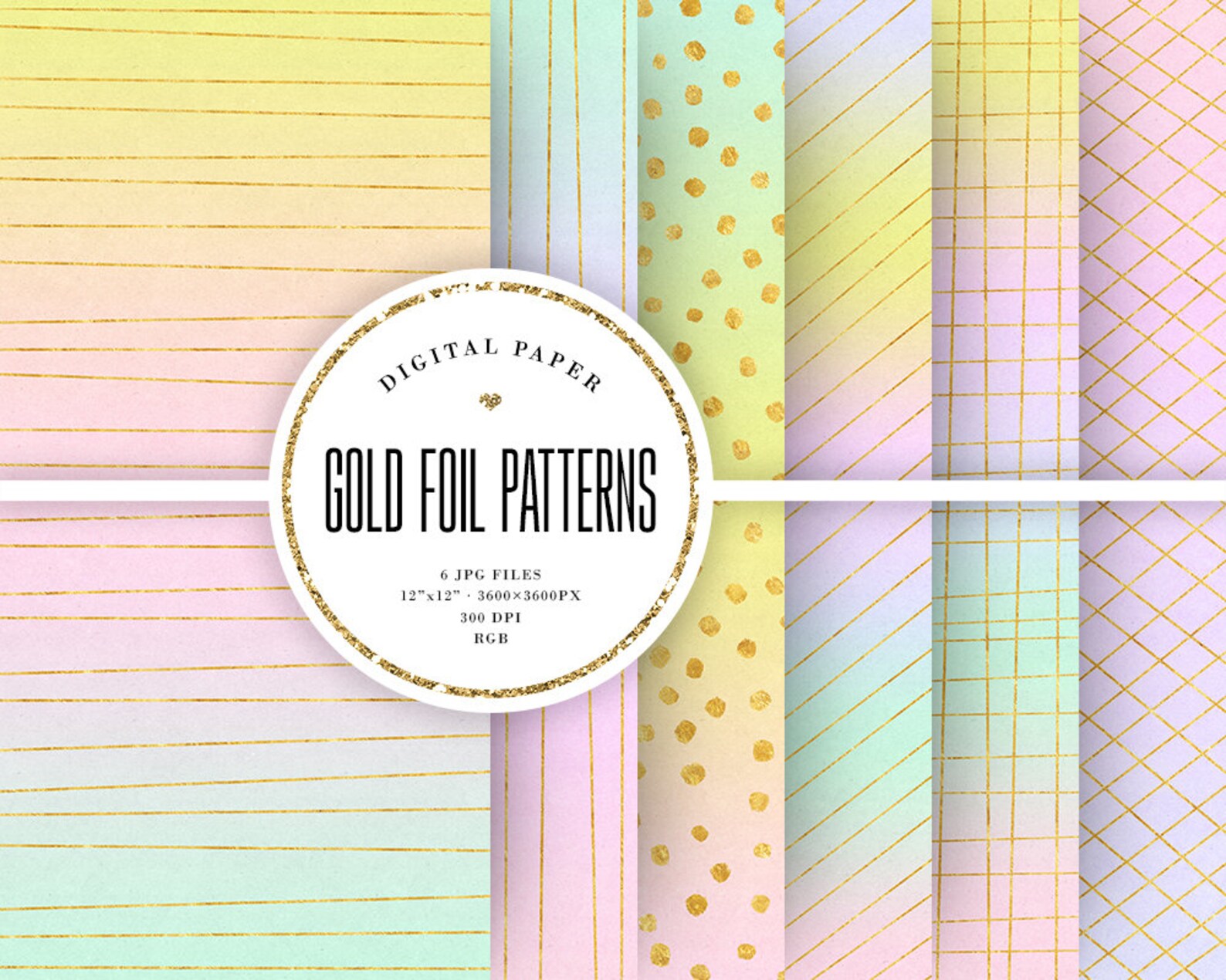 Gold Foil Effect Patterns Digital Paper, Pastel Gradient Scrapbook ...