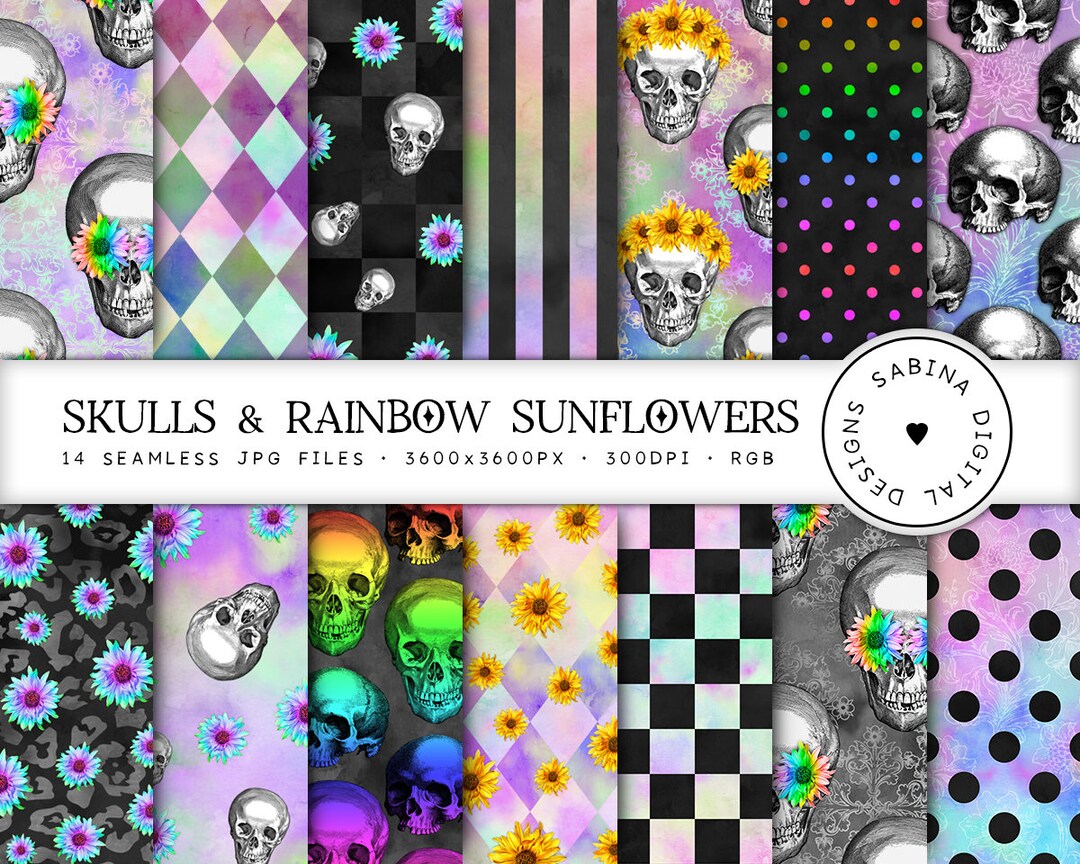 Rainbow Sunflowers & Skulls Digital Paper, Modern Goth Geometric ...