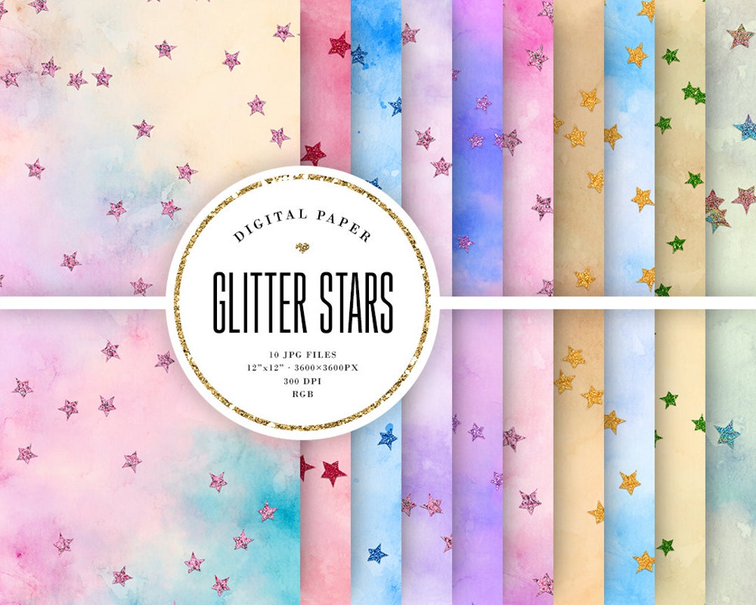 Glitter Stars Digital Paper, Watercolor Textures, Gold Stars Scrapbook ...