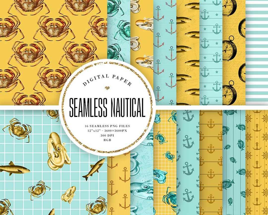 Nautical Seamless Digital Paper, Pastel Teal Sailor Patterns, Yellow ...