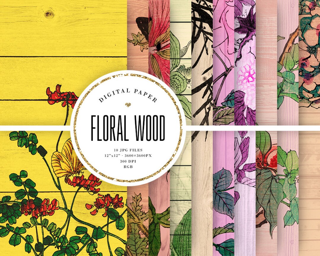Floral Wood Digital Paper, Japanese Flowers Backgrounds, Wood & Flowers ...
