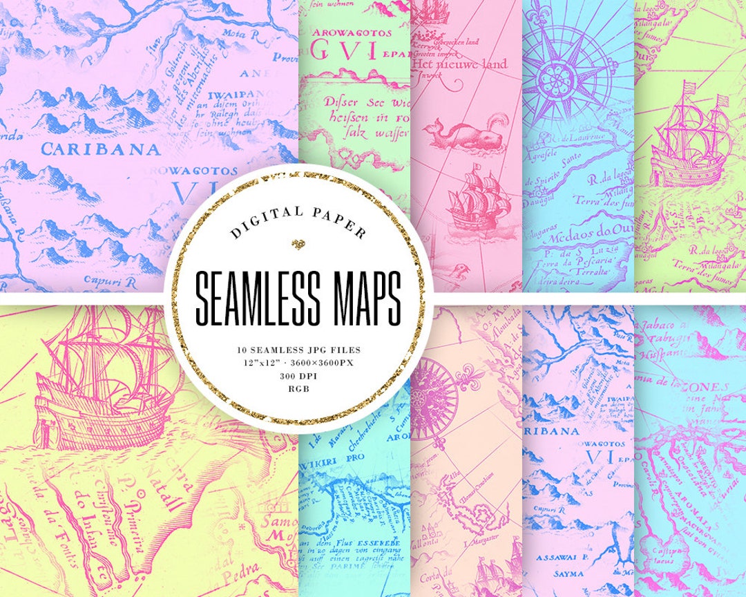 Pastel Vintage Maps Seamless Digital Paper, Pastel Nautical Tileable ...