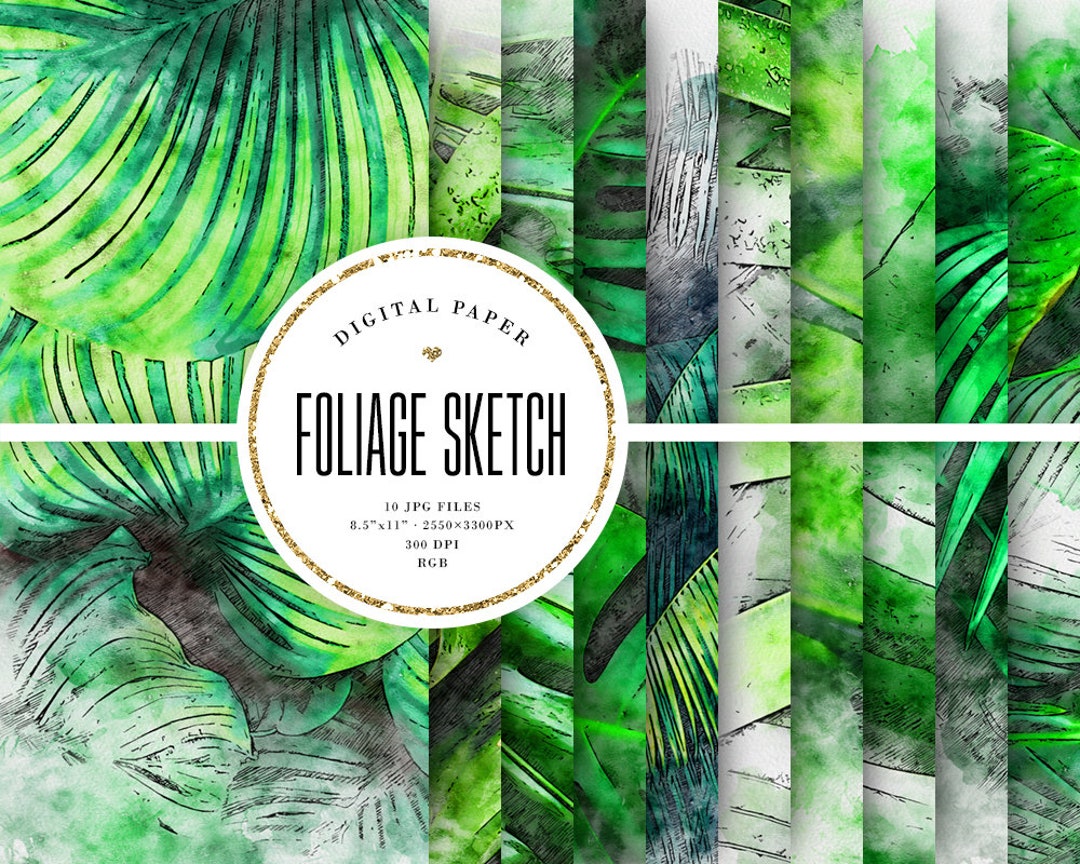 Watercolor Leaves Digital Paper, Green Foliage Backgrounds, Sketch ...