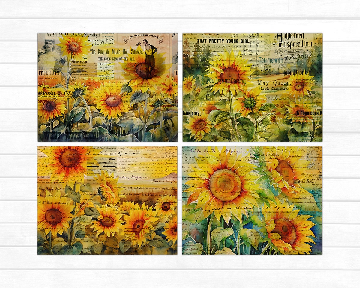 Sunflower Ephemera Scrapbook Papers, Sunflowers Junk Journal, Yellow ...
