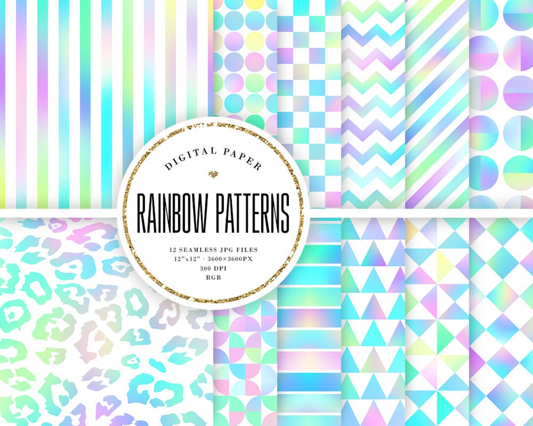 Pastel Rainbow Seamless Patterns, Geometric Ombre Digital Paper, White ...