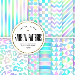 Pastel Rainbow Seamless Patterns, Geometric Ombre Digital Paper, White ...